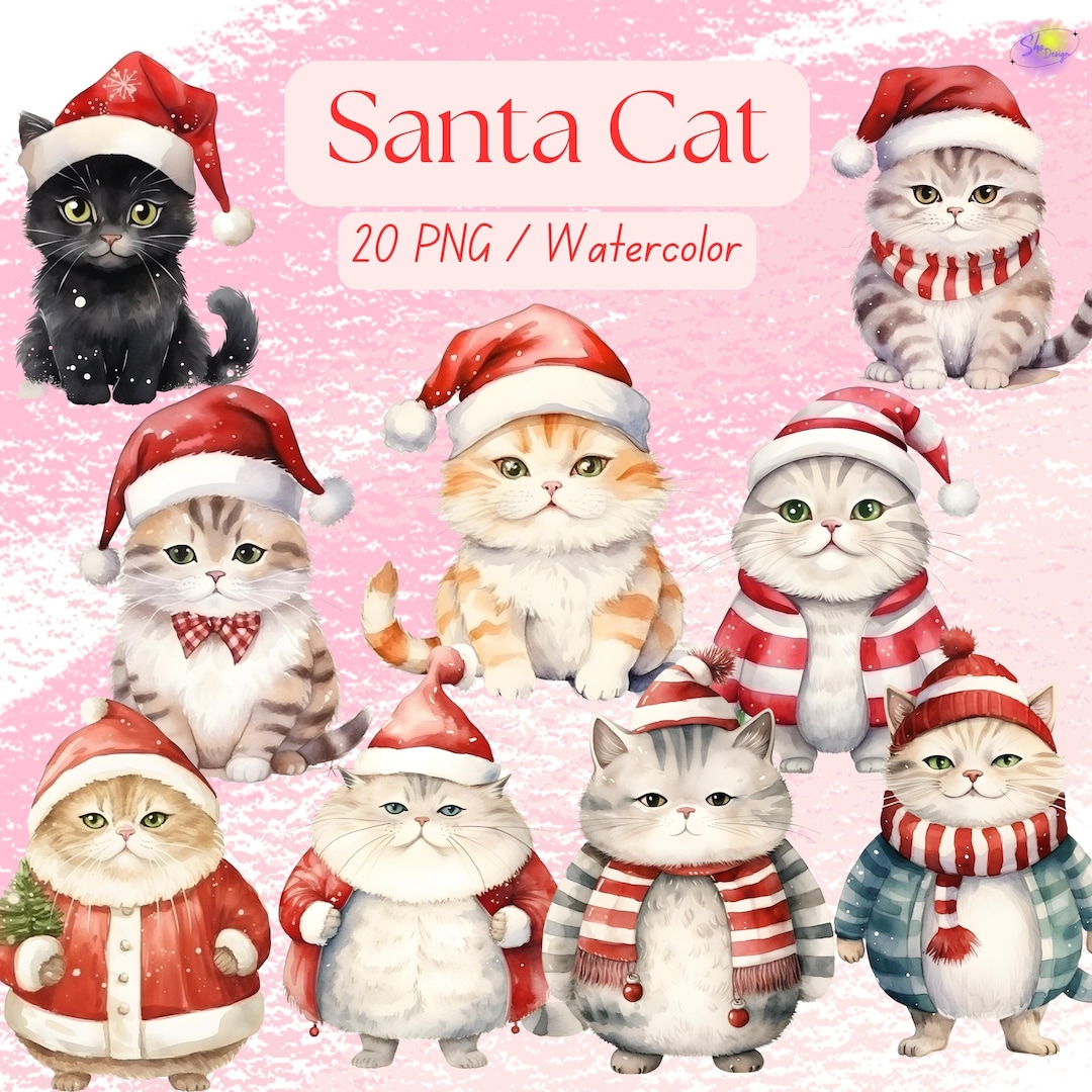 Santa Cat Png, Christmas Clipart, Cat Png, Watercolor, Kids Clipart ...