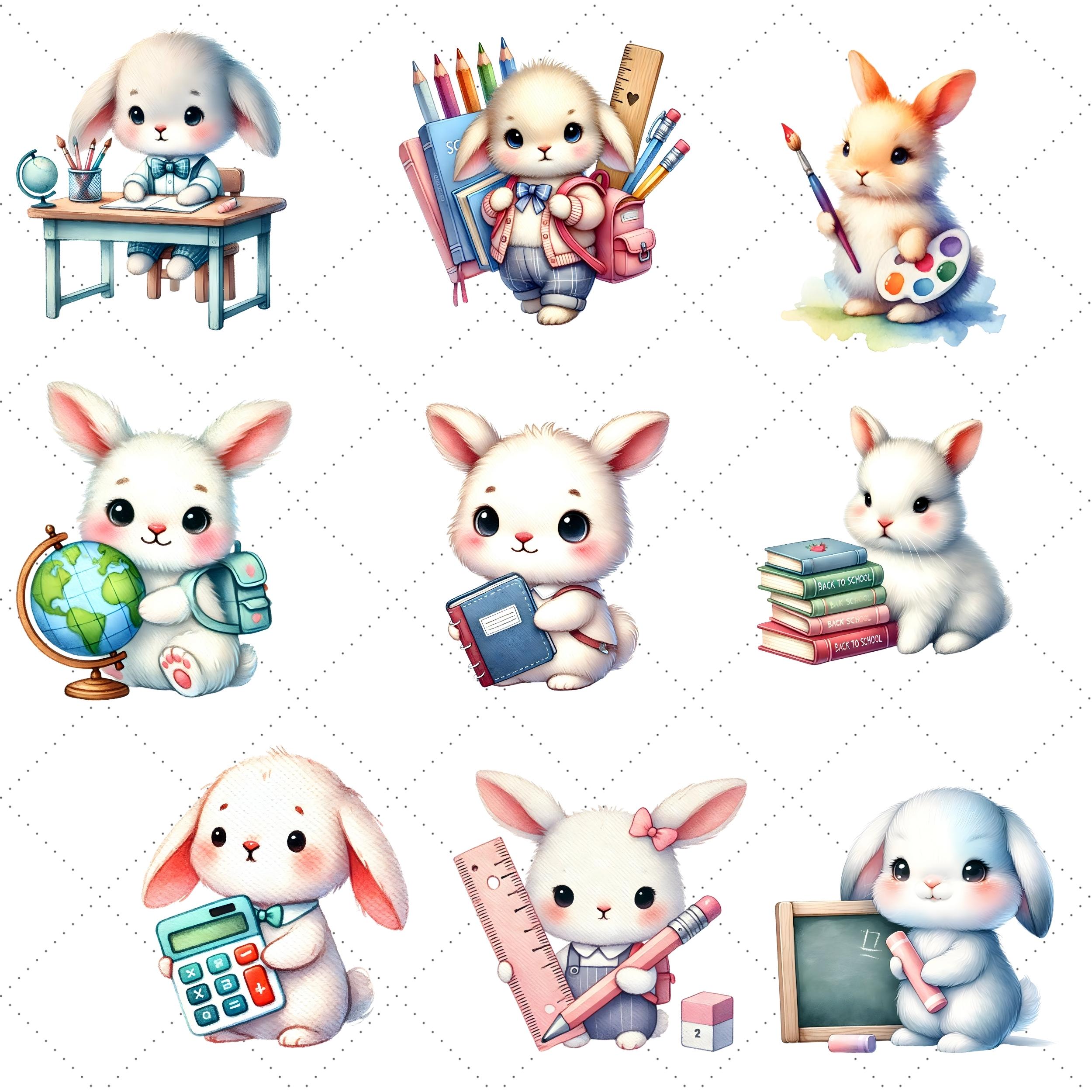 Back to School Bunny Bundle, Watercolor Bunny Clipart, Rabbit Png ...