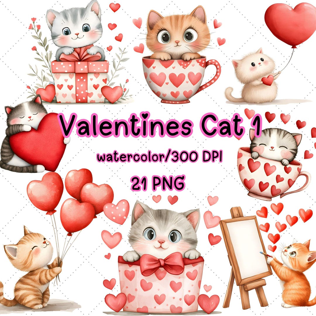 Valentines Cat Watercolor Clipart, Cat Png, Kitten Png, Valentines ...