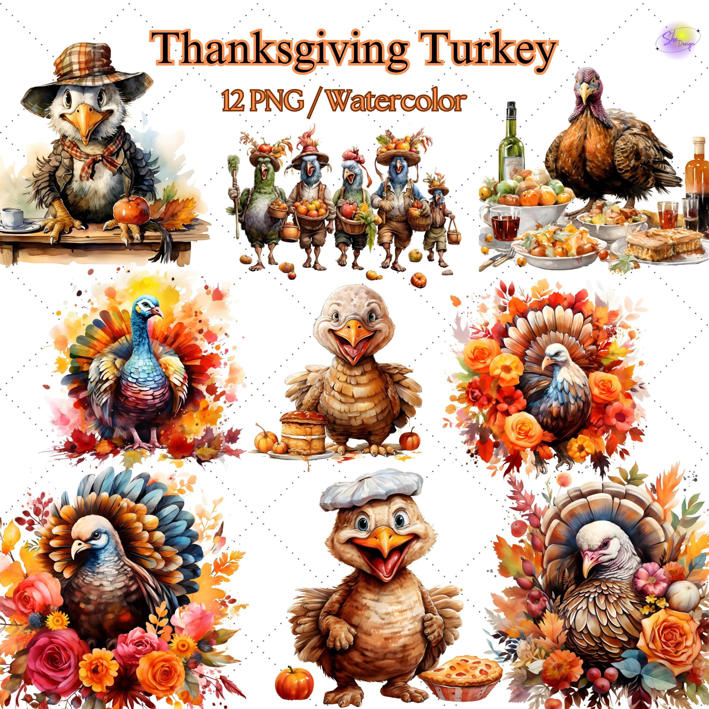 Turkeys Vintage Watercolor Clipart Set, High Resolution Thanksgiving ...