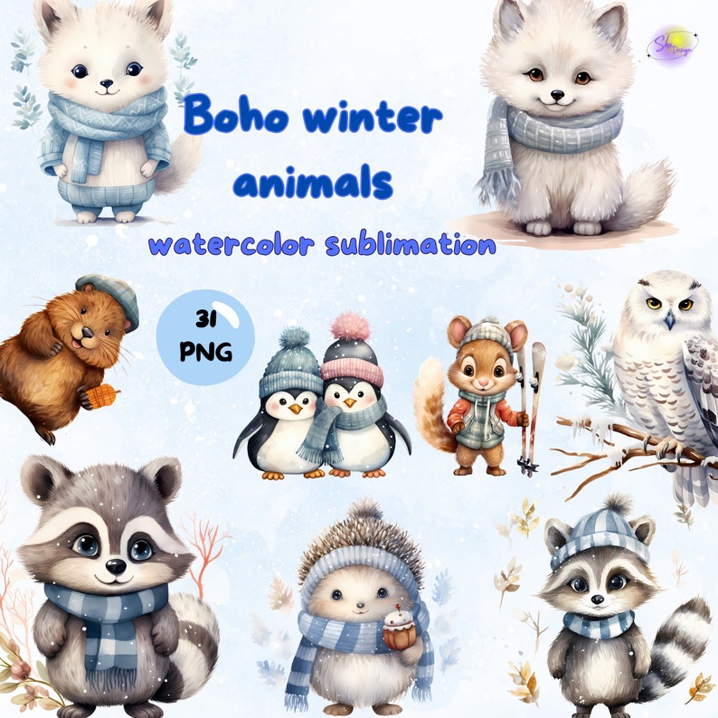 Boho Winter Animals Clipart Watercolor, Commercial Use, Transparent PNG ...