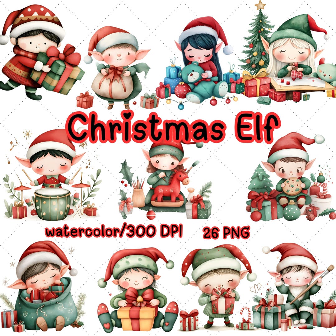 Watercolor Christmas Elf Clipart Bundle, Elf Png, Christmas Clipart ...