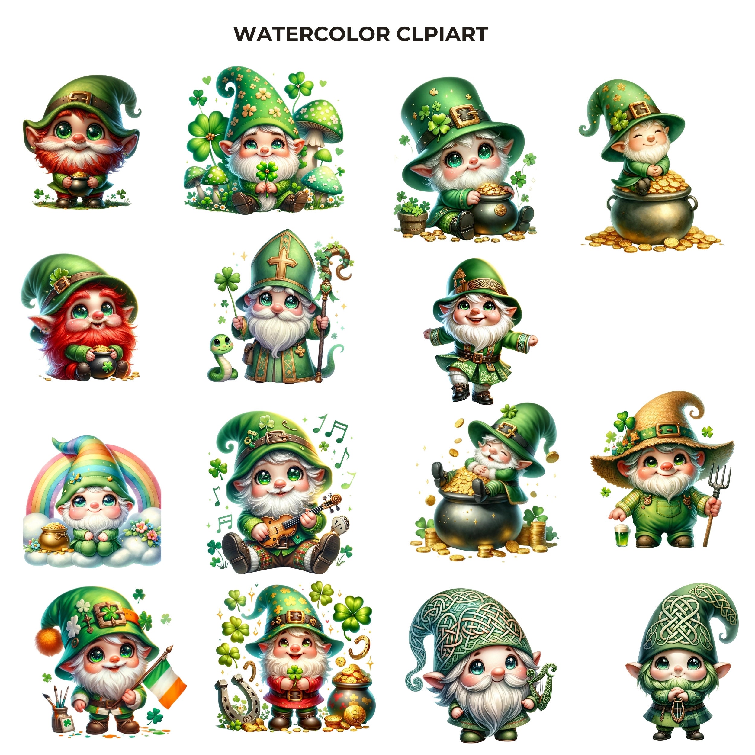 Watercolor Saint Patricks Gnomes Clipart, 25 PNG Festive Gnomes Clipart ...