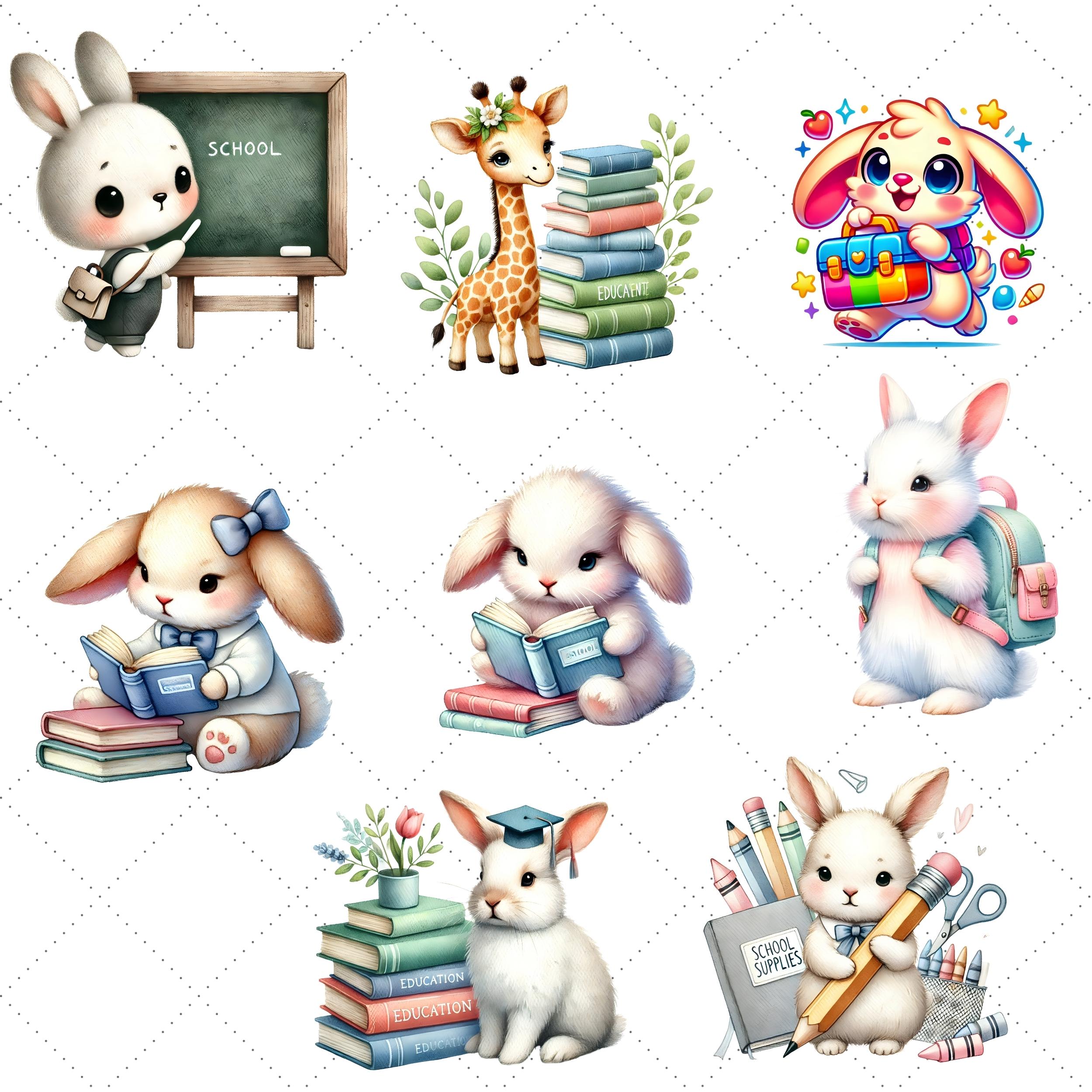 Back to School Bunny Bundle, Watercolor Bunny Clipart, Rabbit Png ...