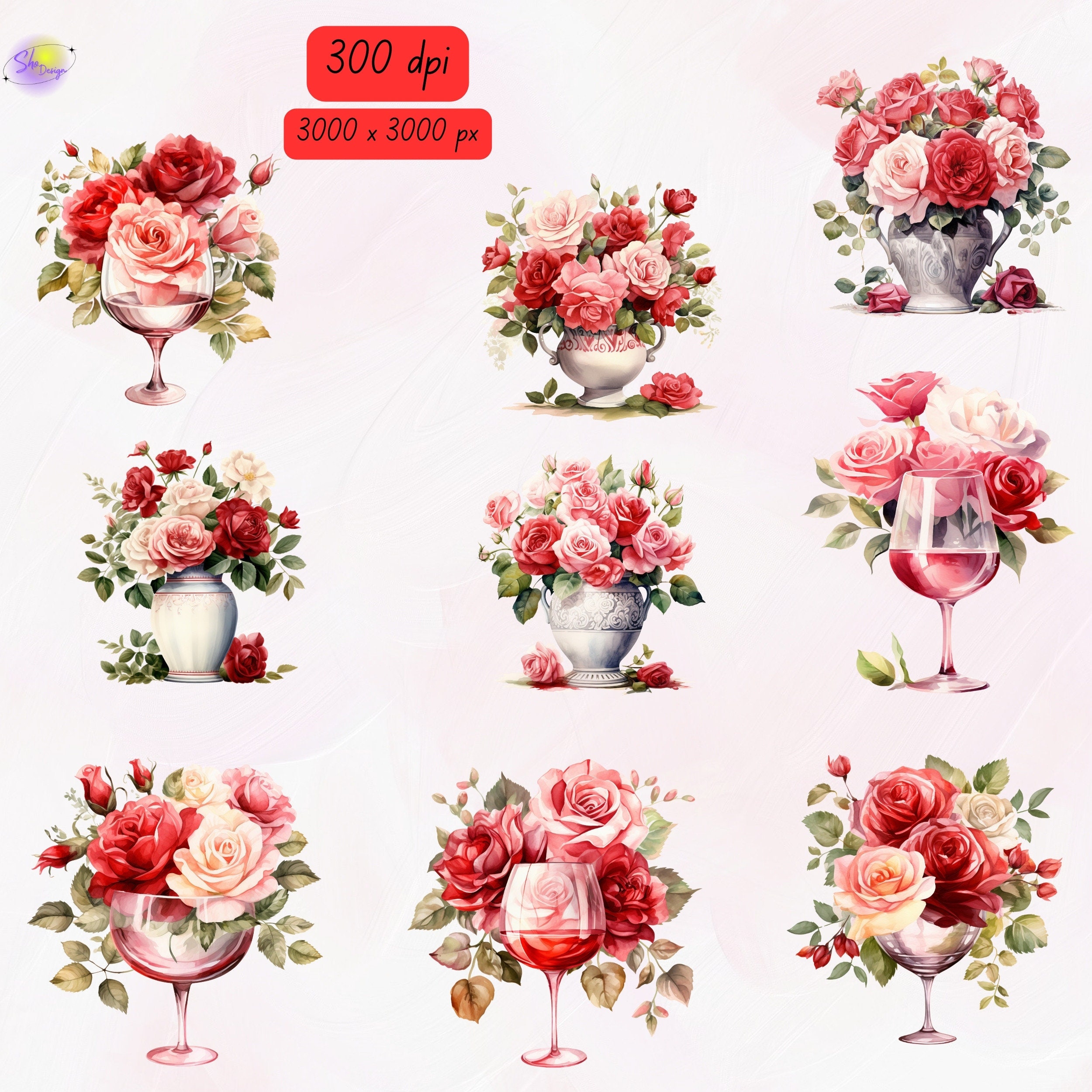Watercolor Valentines Rose Bouquets Clipart, Valentines Day Clipart ...
