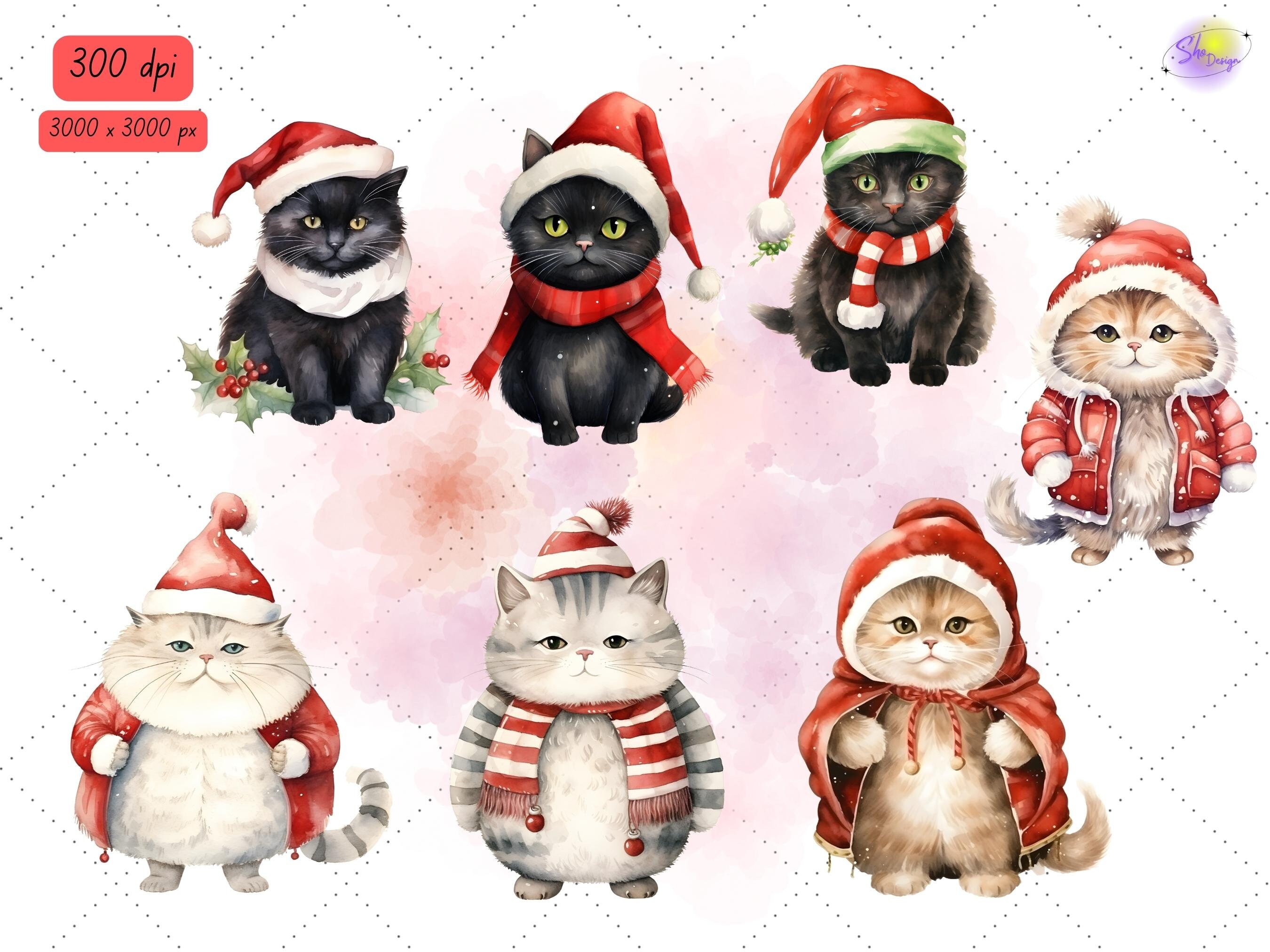 Santa Cat Png Christmas Clipart Cat Png Watercolor Kids - Etsy