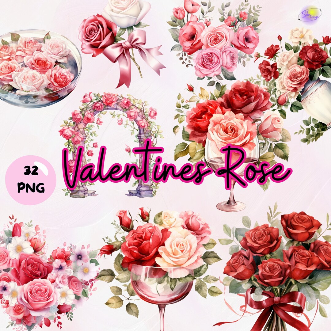 Watercolor Valentines Rose Bouquets Clipart, Valentines Day Clipart ...