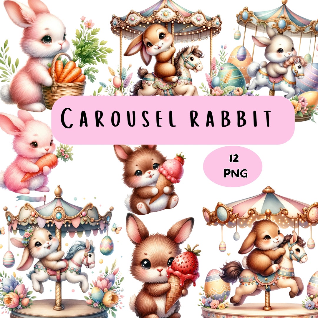 Easter Carousel Bunny Watercolor Clipart, Easter Rabbit PNG, Easter PNG ...