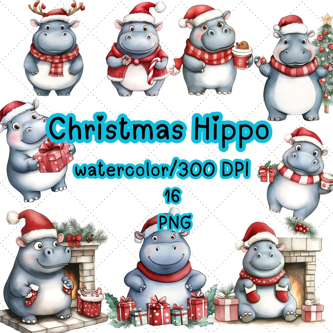Watercolor Christmas Santa Hippo Bundle, Christmas Clipart, Hippo Png ...