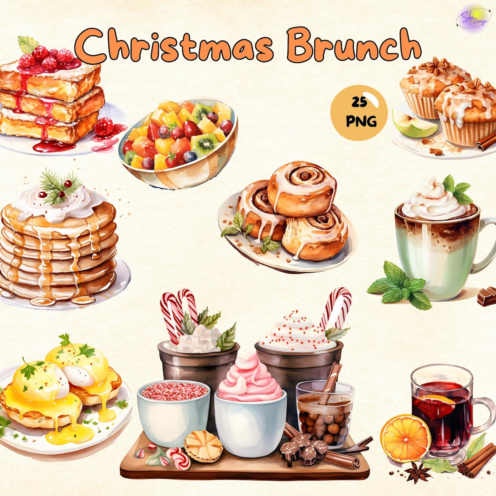 Christmas Brunch Clipart, Watercolor Clipart, Christmas Graphics PNG ...