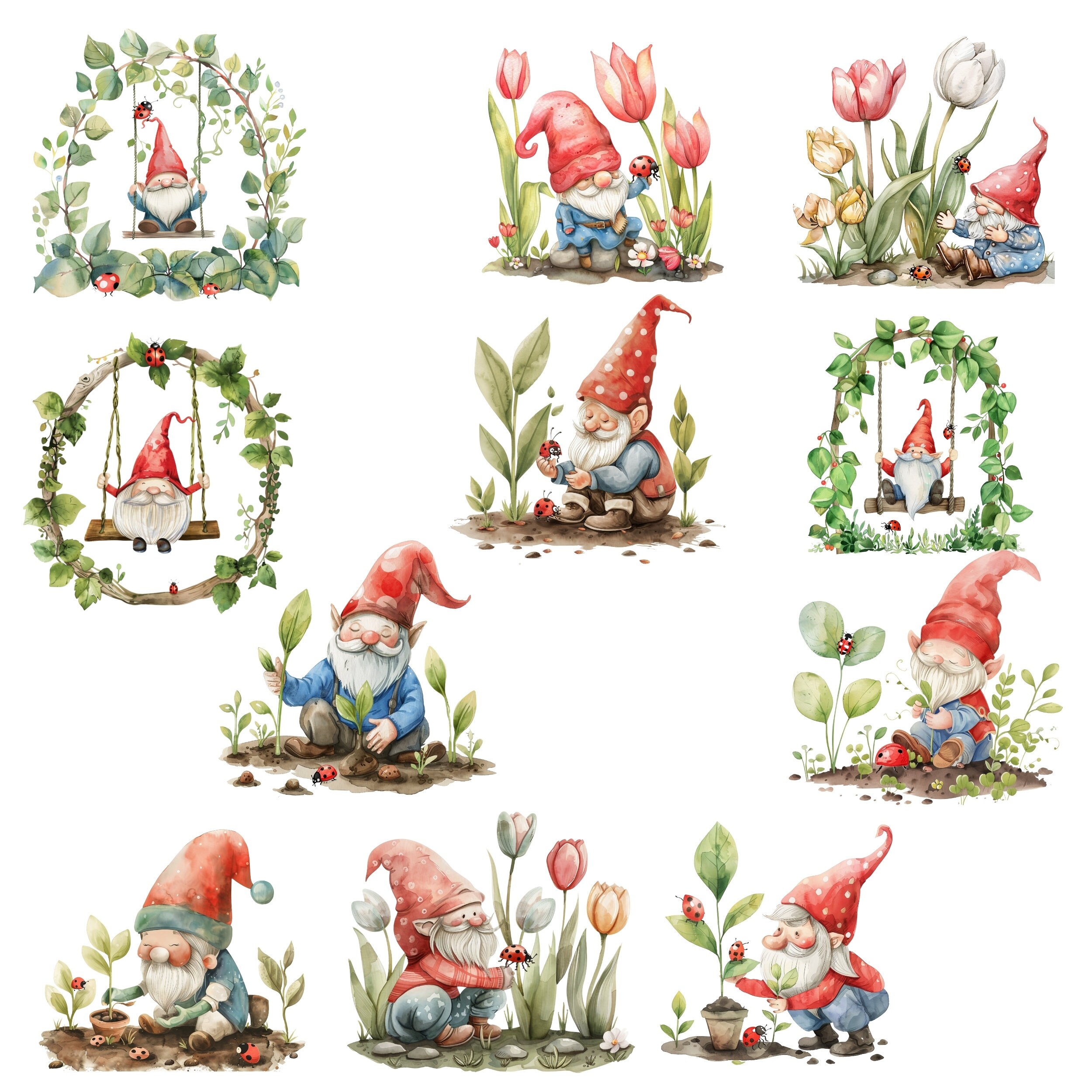 Lady Bug Gnome Watercolor Clipart Bundle, Gnome Png, Garden Gnome ...