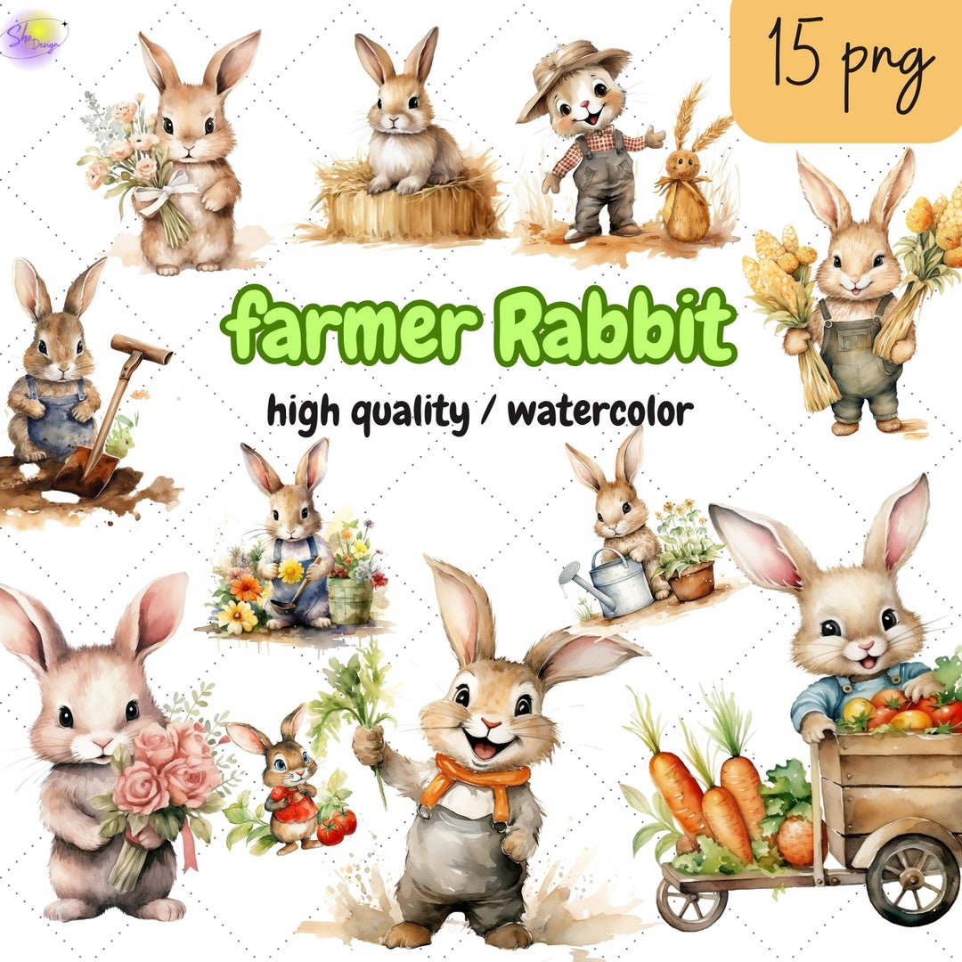 Farmer Rabbit, Rabbit Png, Bunny Png, Watercolor Clipart, Digital ...