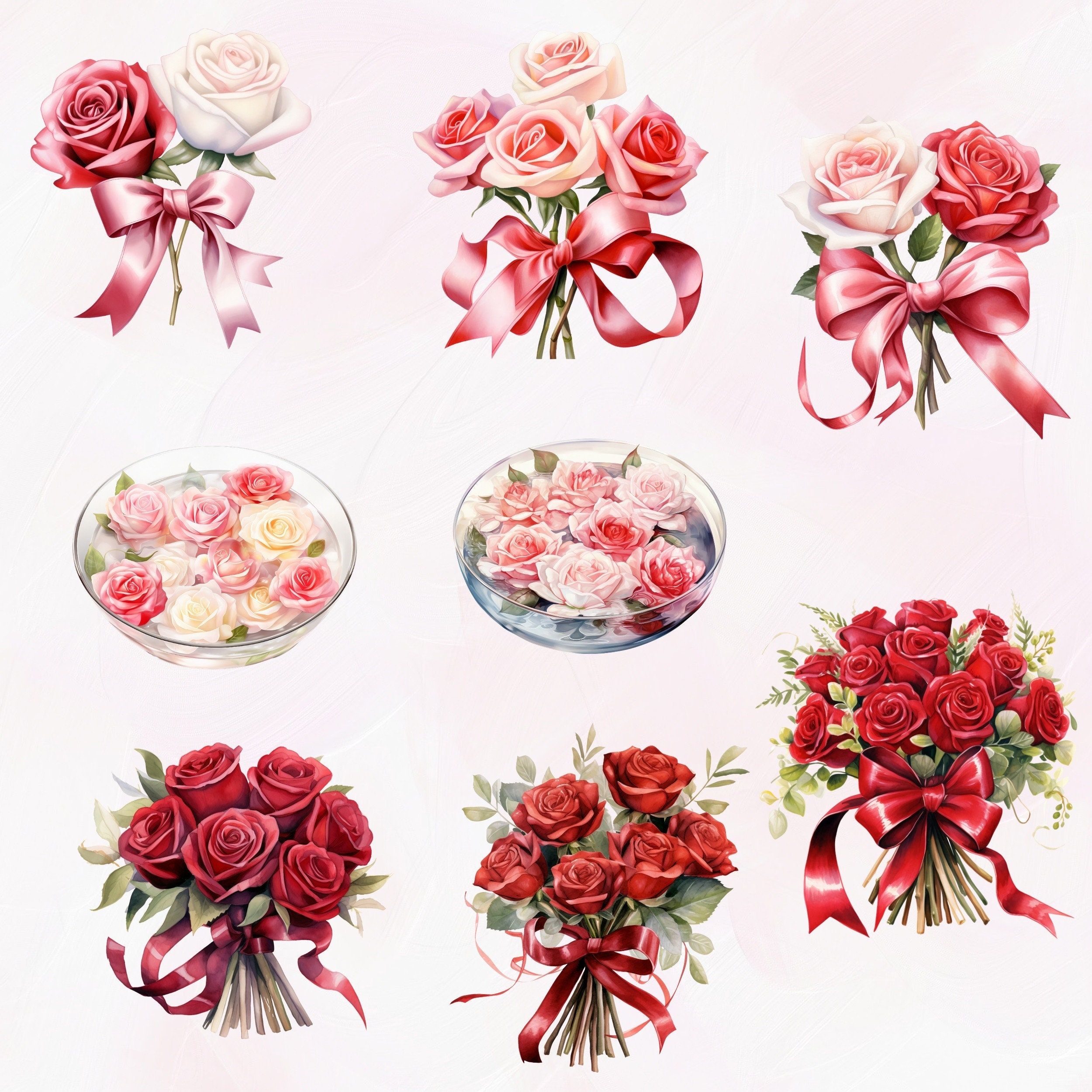 Watercolor Valentines Rose Bouquets Clipart, Valentines Day Clipart ...