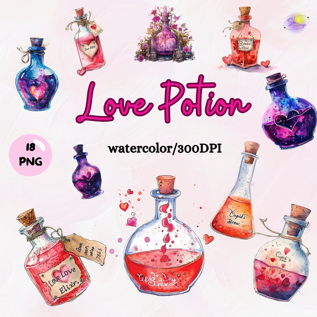Valentines Love Potion Bottle Bundle, Watercolor Clipart, Fantacy ...
