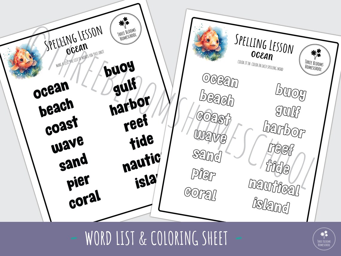 Ocean Themed Printable Homeschool Spelling Unit Printable Homeschool ...