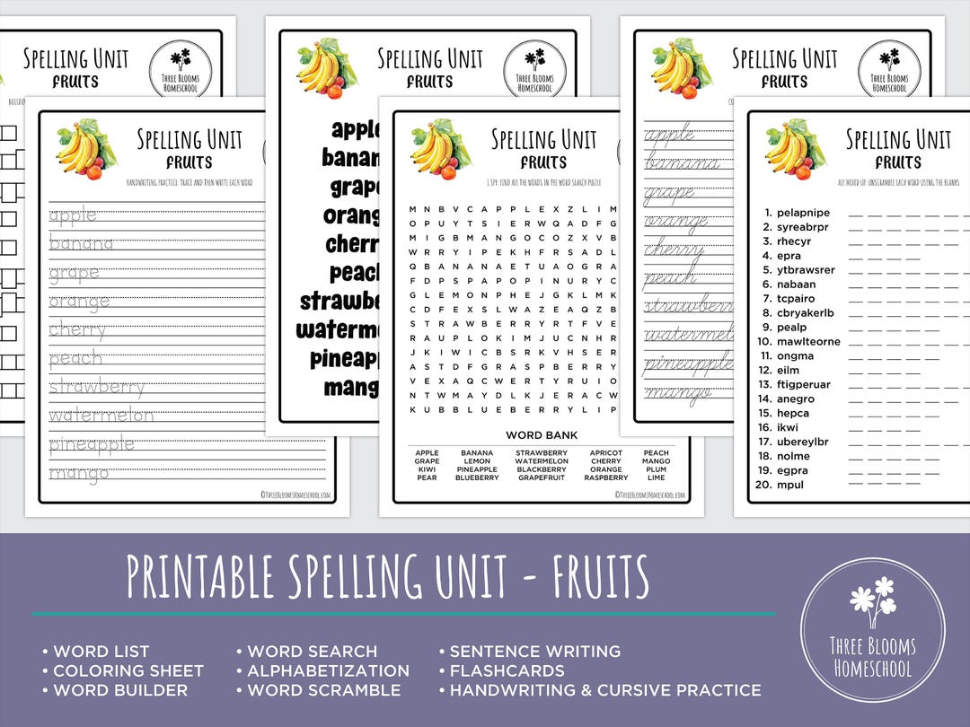 Fruits Themed Printable Homeschool Spelling Unit | Printable Homeschool ...