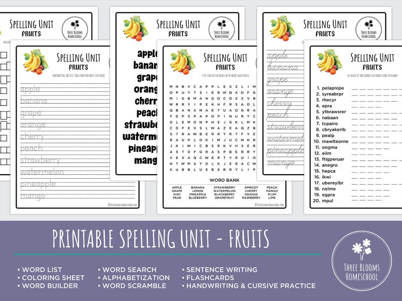 Fruits Themed Printable Homeschool Spelling Unit | Printable Homeschool ...