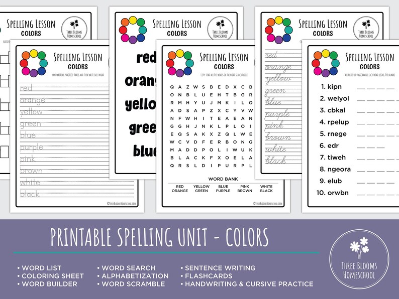 Colors Themed Printable Homeschool Spelling Unit | Printable Homeschool ...