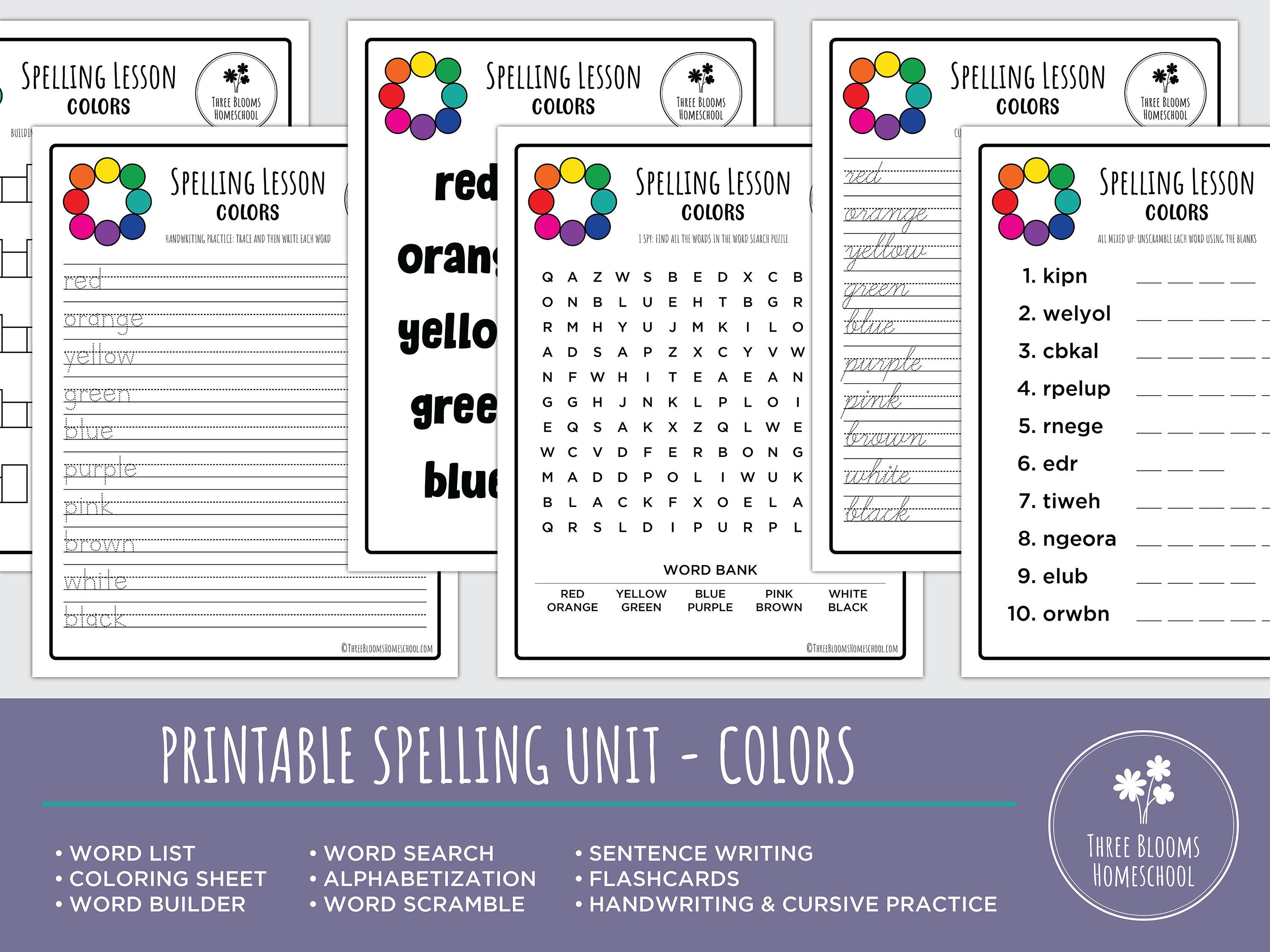 Colors Spelling Unit: Homeschool Printable Worksheets (digital Download ...