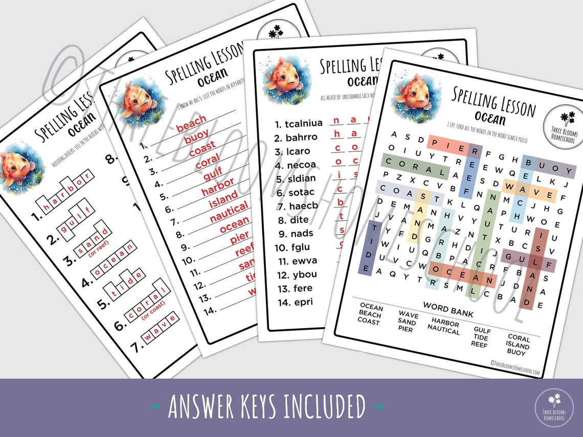 Ocean Themed Printable Homeschool Spelling Unit Printable Homeschool ...