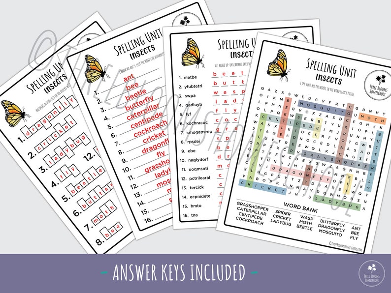 Insects Themed Printable Homeschool Spelling Unit | Printable ...