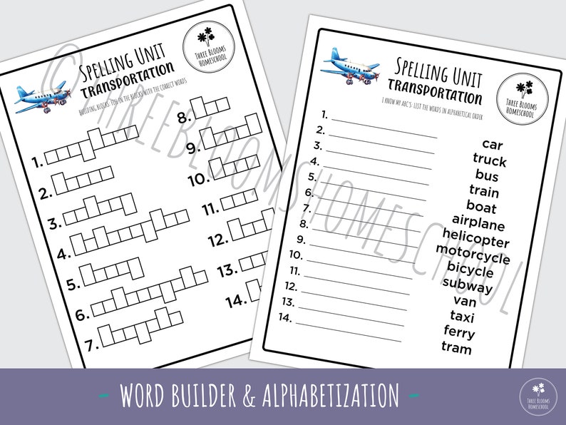 Transportation Themed Printable Homeschool Spelling Unit | Printable ...