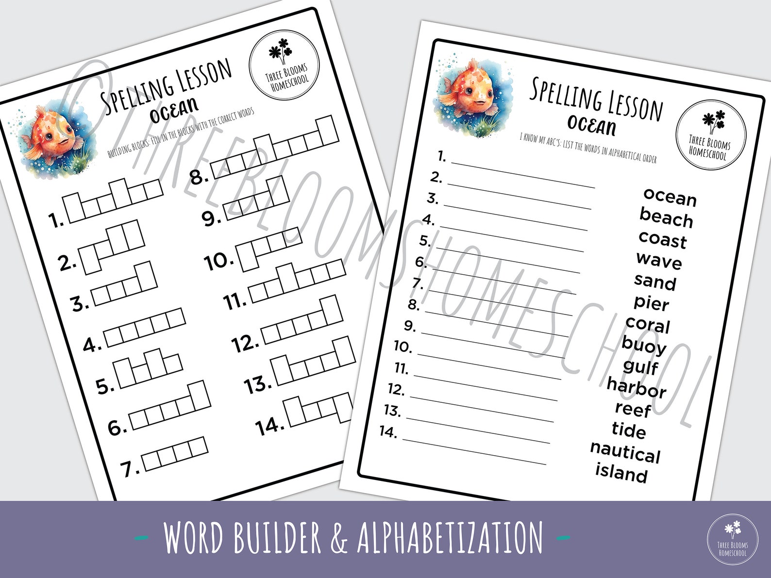 Ocean Themed Spelling Unit: Homeschool Printable Worksheets (digital ...