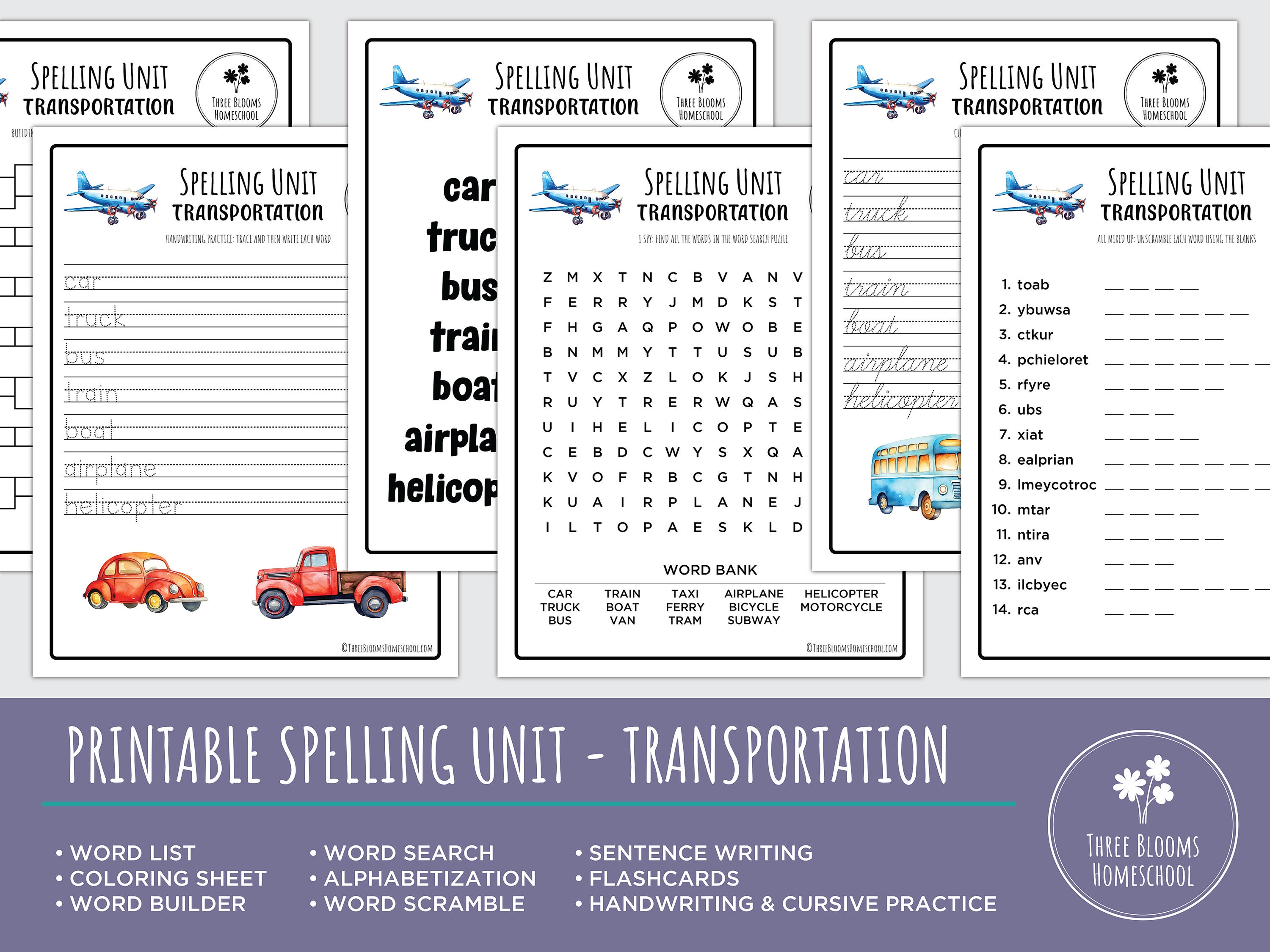 Transportation Themed Printable Homeschool Spelling Unit | Printable ...