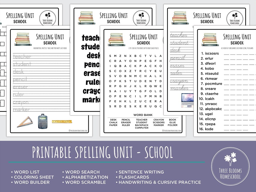 School Themed Spelling Unit: Homeschool Printable Worksheets (digital ...