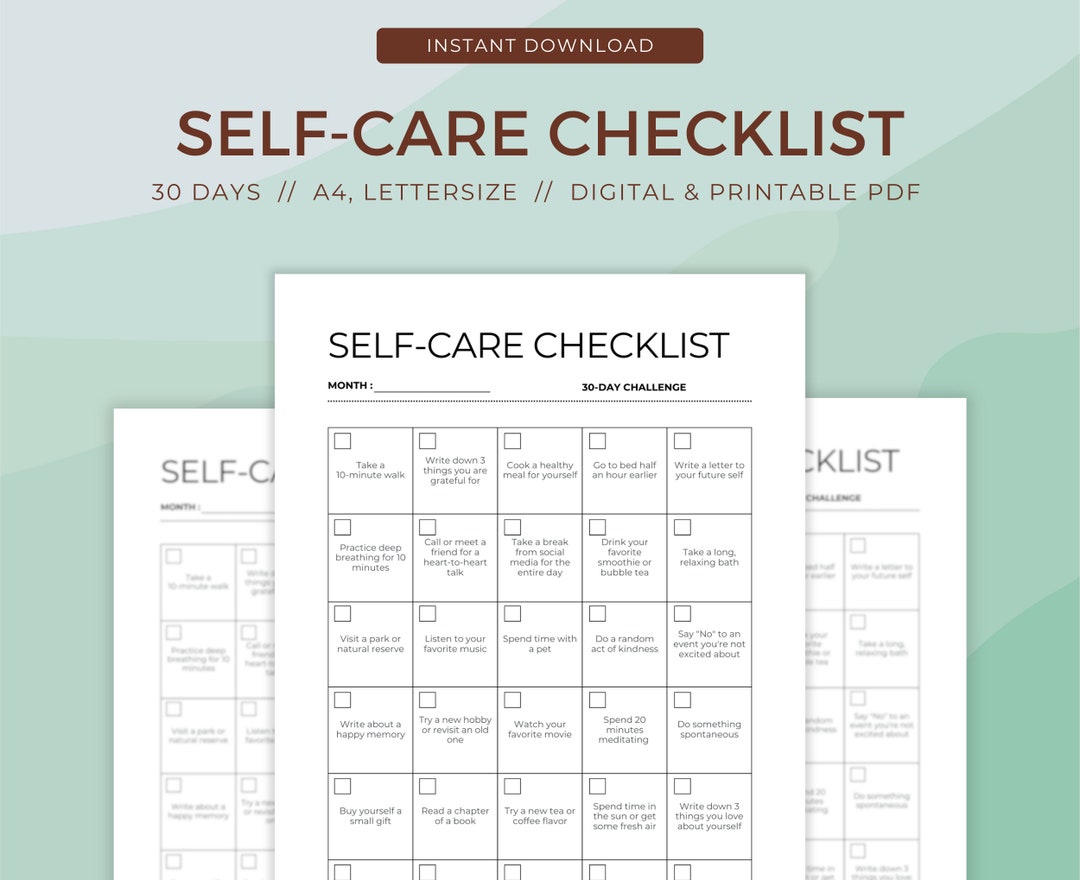 Printable Self-care Checklist, 30-day Self-care Challenge, A4 Letter ...