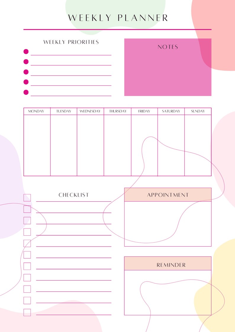 Weekly Planner Printable Weekly to Do List Pastel Weekly - Etsy