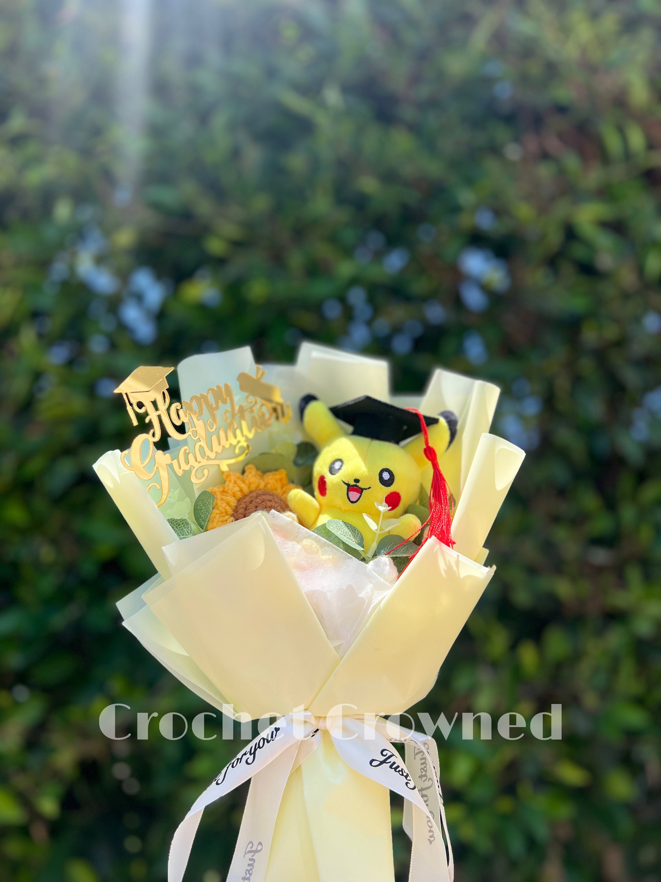 Yellow Pikachu Inspired Crochet Sunflower Graduation Flower Bouquet ...