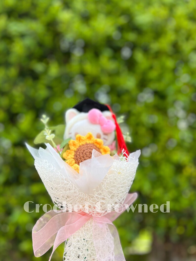 White and Pink Graduation Hello Kitty Sanrio Plush Sunflower Crochet ...