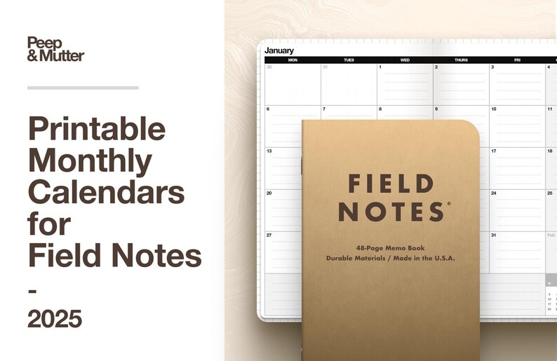 2025 Printable Monthly Calendars for Field Notes - Etsy