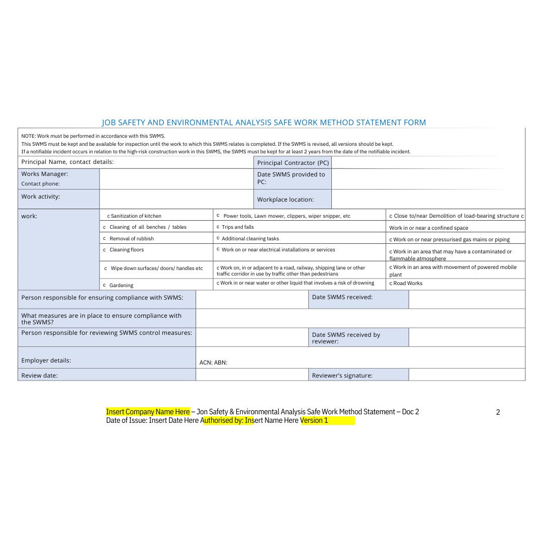 Service Work Method Statement SWMS Site Safety Induction - Etsy