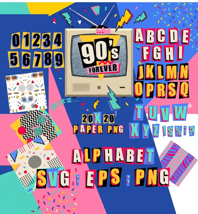 90s Retro Alphabet SVG PNG: Bold Party Letters, Digital Paper (digital ...