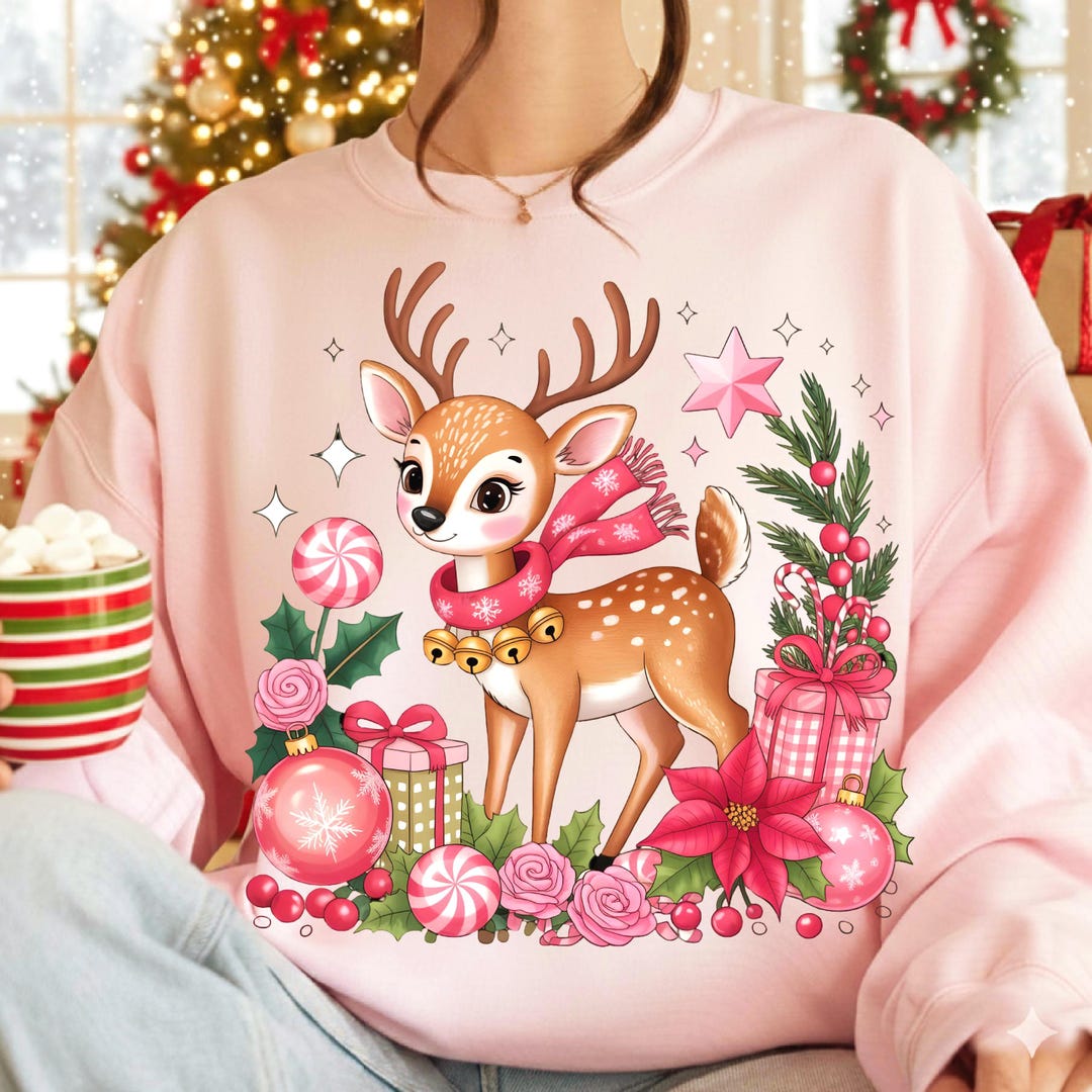 Pink Christmas Deer PNG: Girly Holiday Reindeer Clipart (digital ...