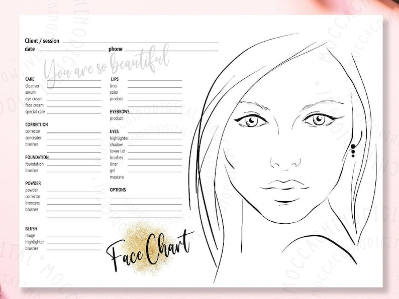 Beauty Chart, Face Chart or Makeup Chart. 3 SIZE Printable Make up ...