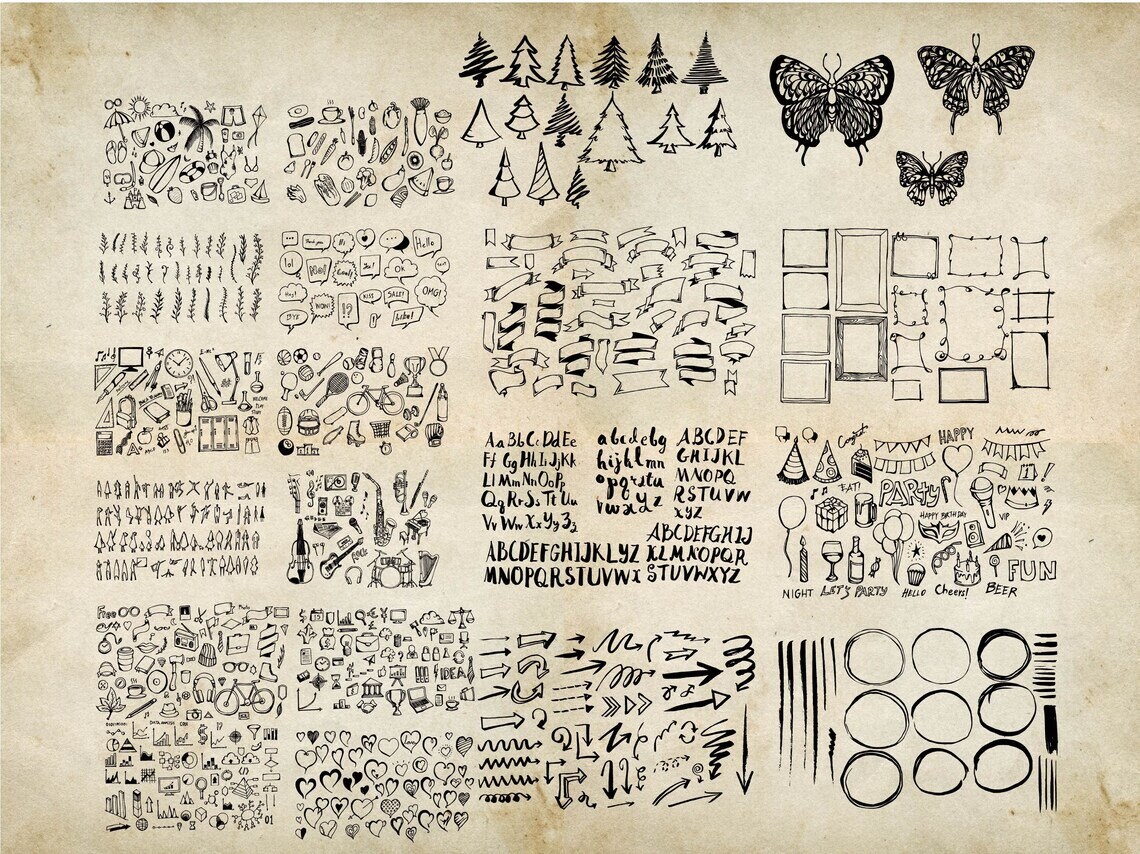 ALL IN ONE Doodle Clipart, Mega Svg Bundle, Letter Doodle Scg, Banner ...