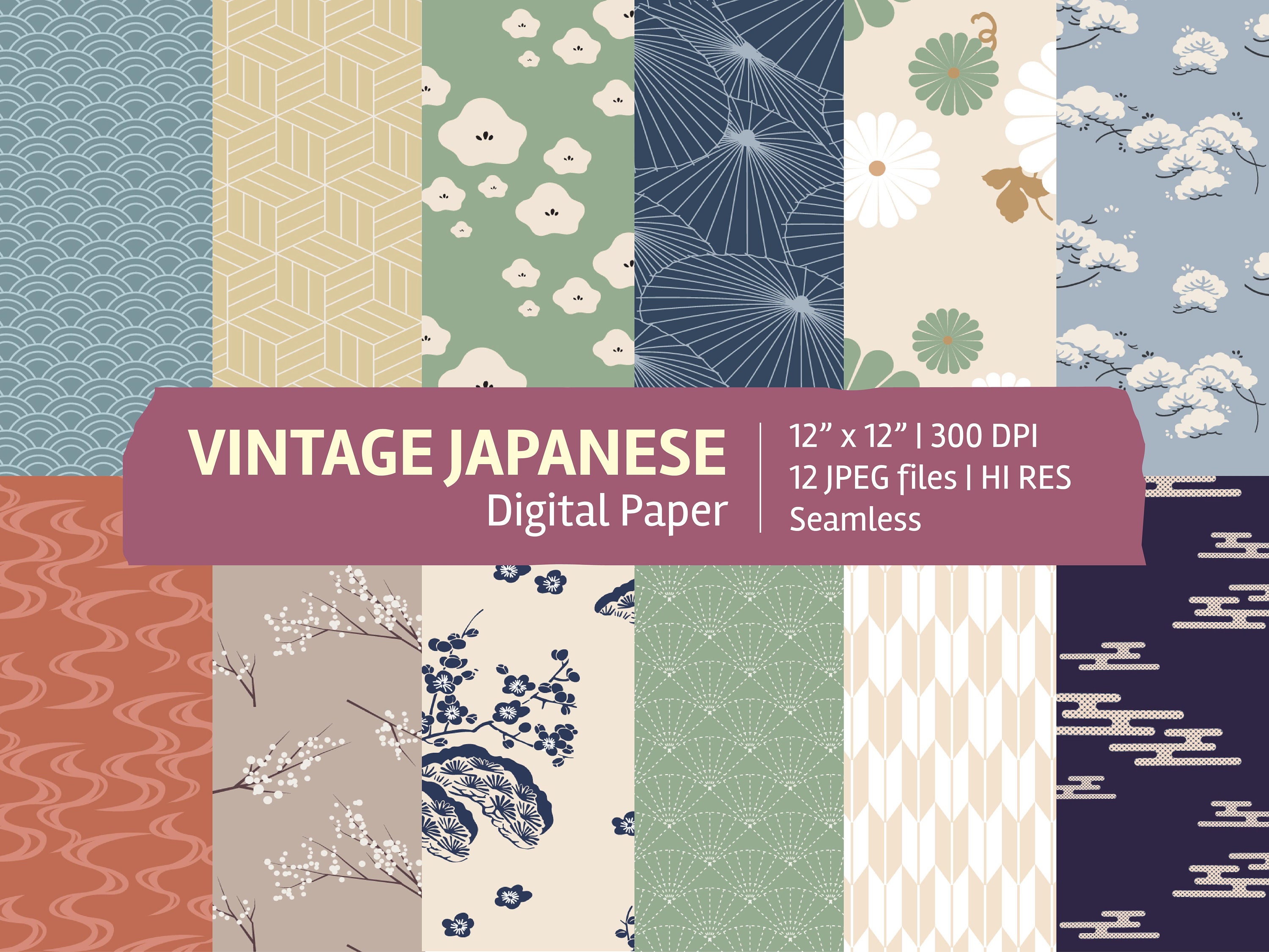 Vintage Japanese Digital Paper Set, Seamless Textures, Patterns ...