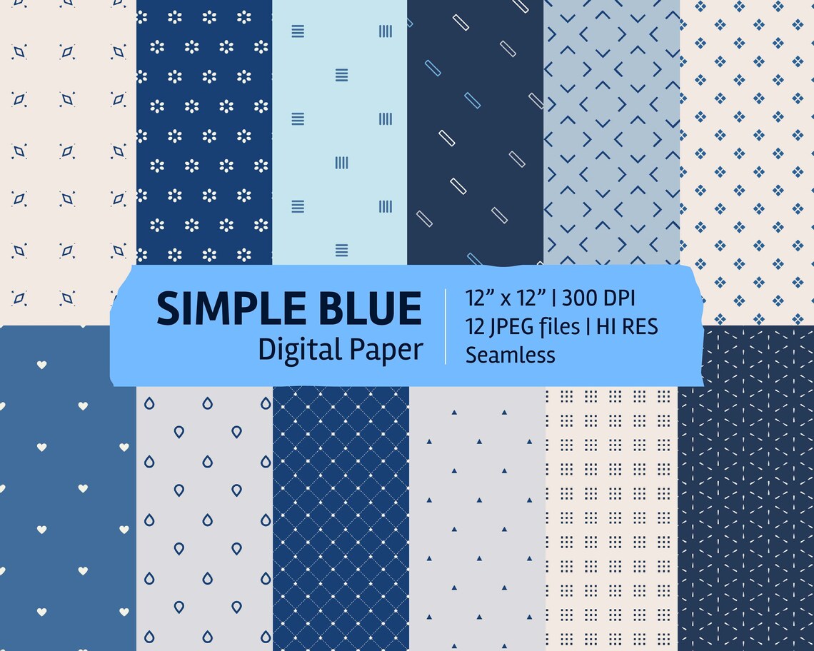 Simple Blue Digital Paper Set, Seamless Textures, Patterns, Backgrounds ...