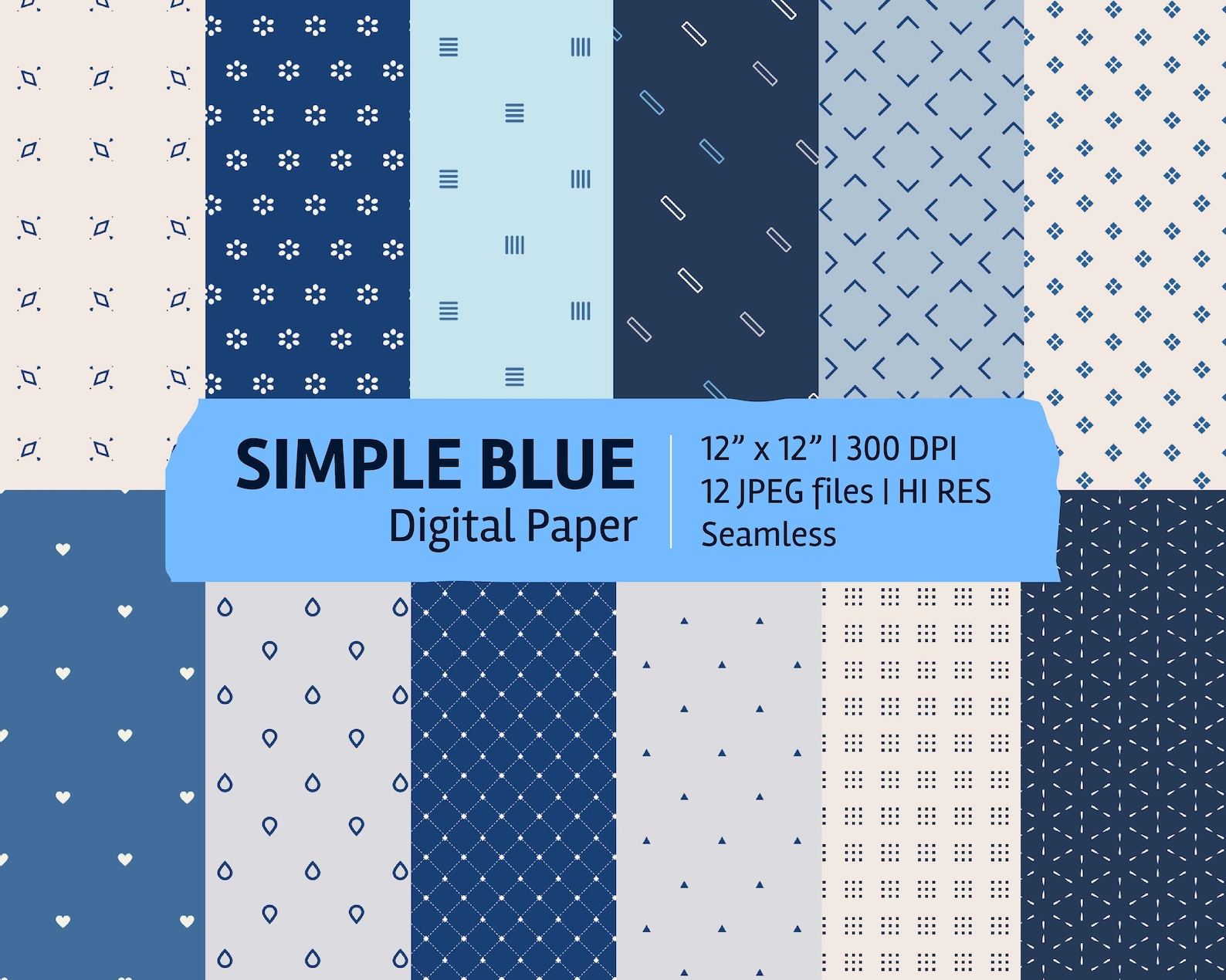 Simple Blue Digital Paper Set, Seamless Textures, Patterns, Backgrounds ...