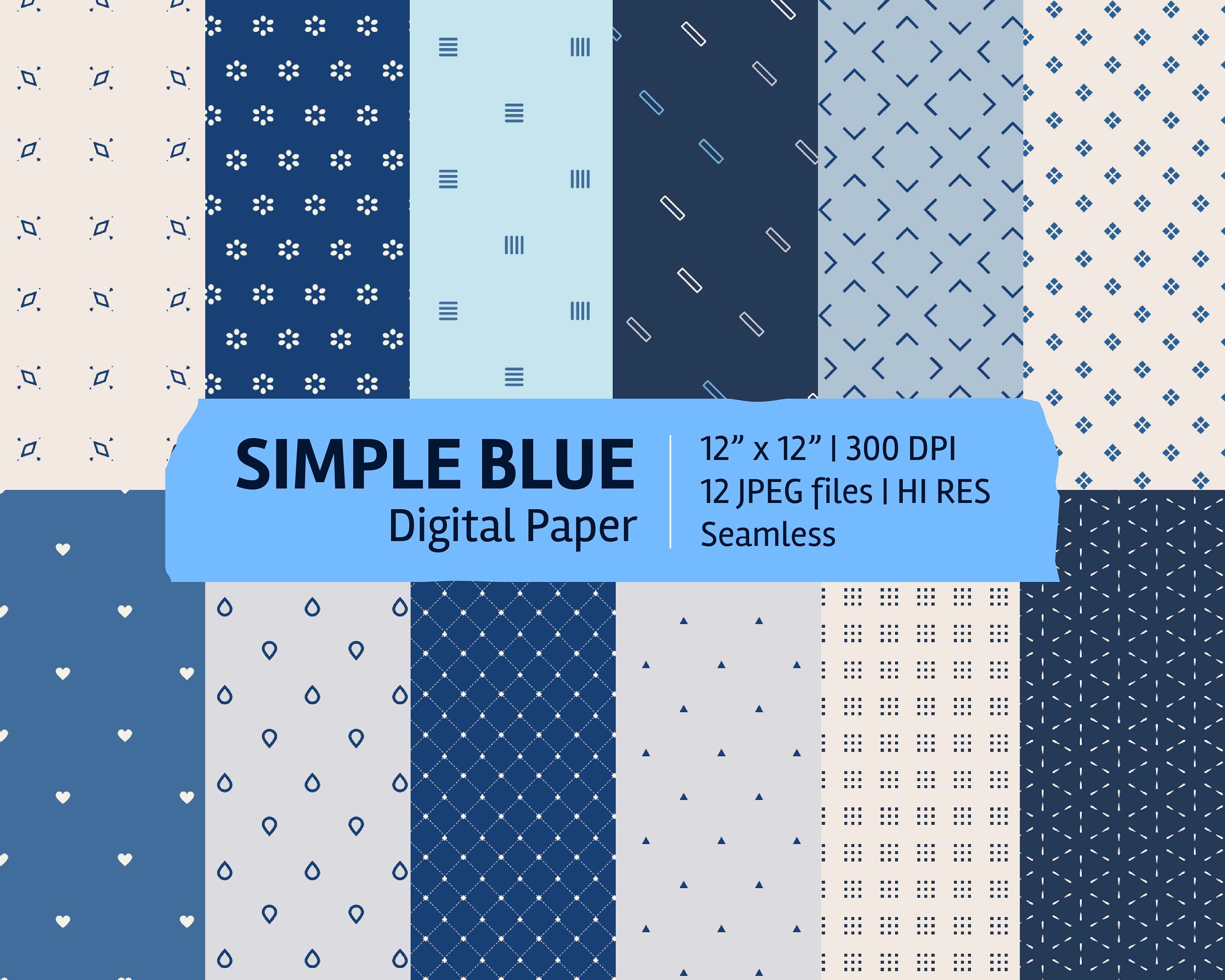 Simple Blue Digital Paper Set, Seamless Textures, Patterns, Backgrounds ...