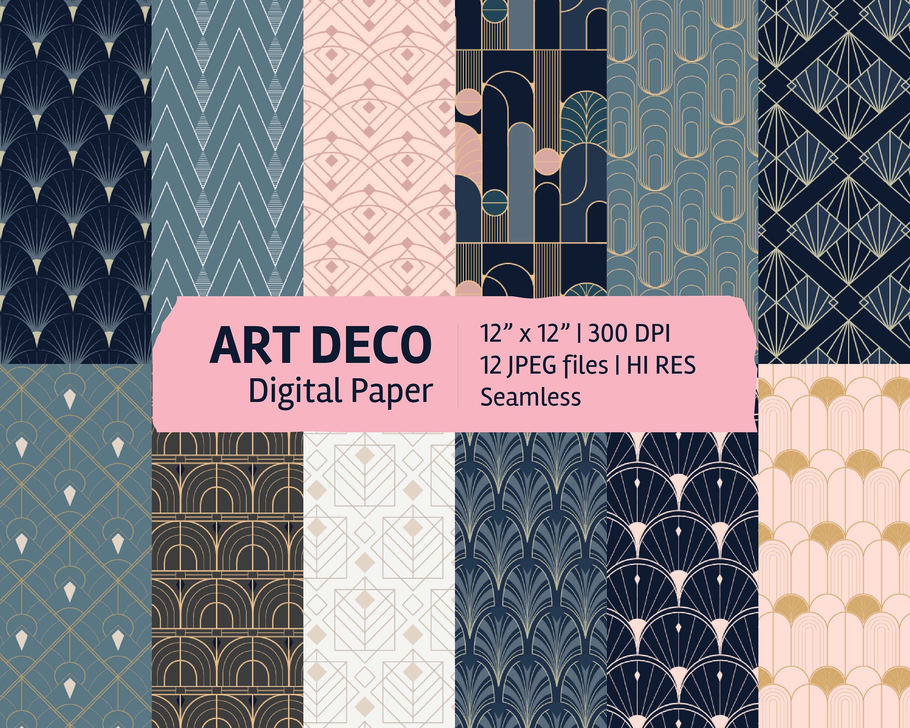 Art Deco Digital Paper Set, Seamless Textures, Patterns, Backgrounds ...