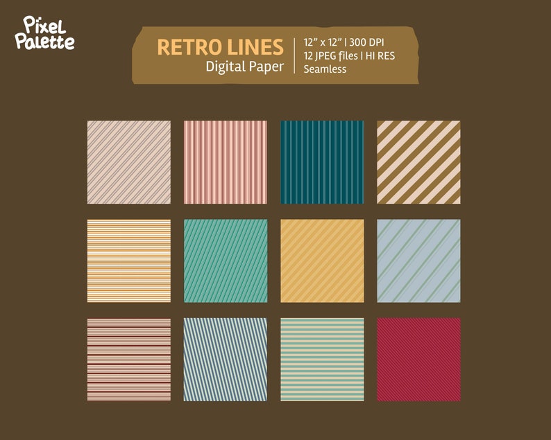 Retro Lines Digital Paper Set, Seamless Textures, Patterns, Backgrounds ...