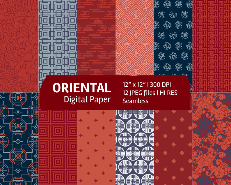 Chinese Oriental Digital Paper Set, Seamless Textures, Patterns ...