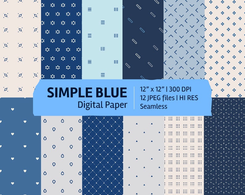 Simple Blue Digital Paper Set Seamless Textures Patterns - Etsy