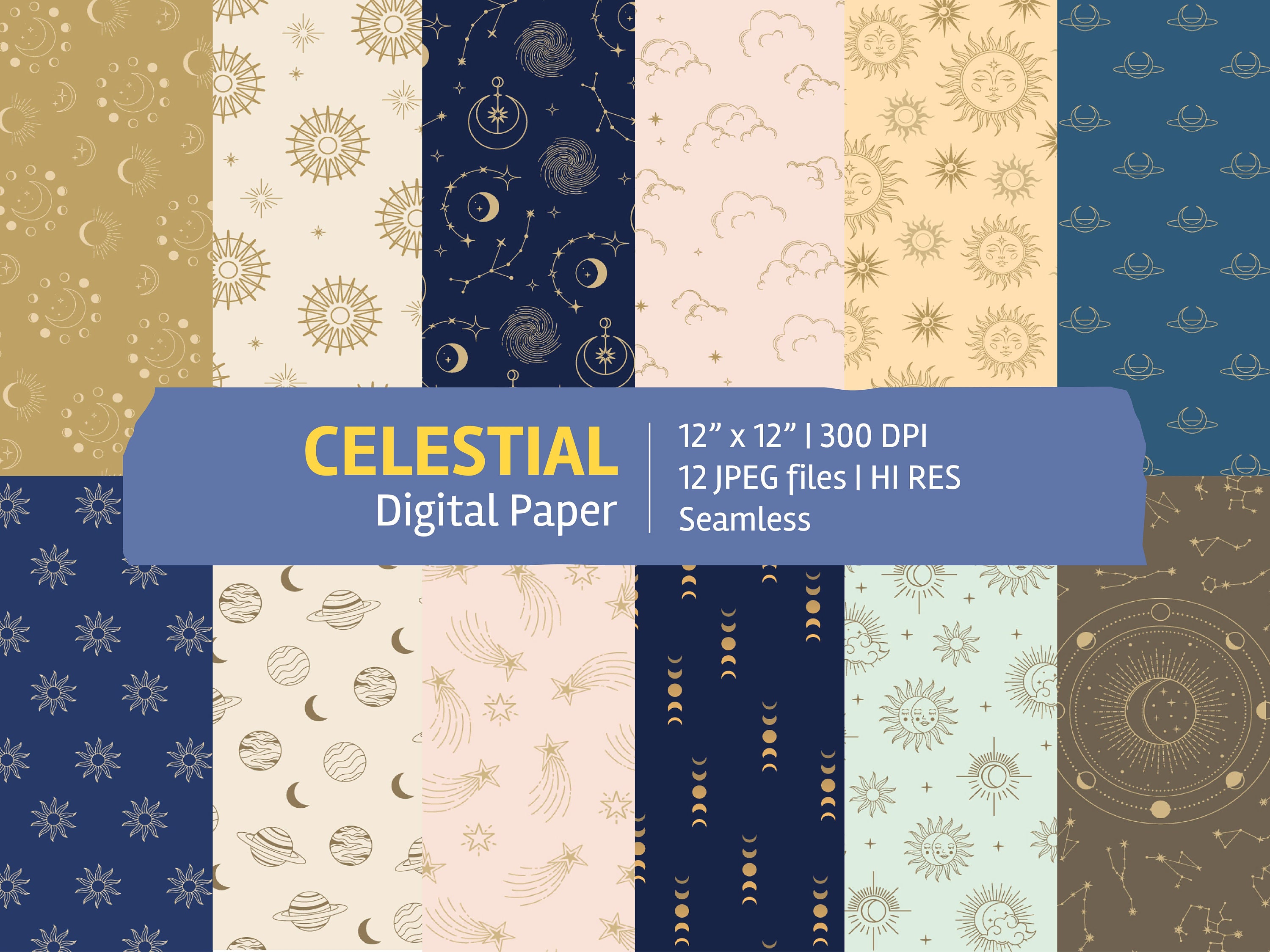 Celestial Digital Paper Set, Seamless Textures, Patterns, Backgrounds ...