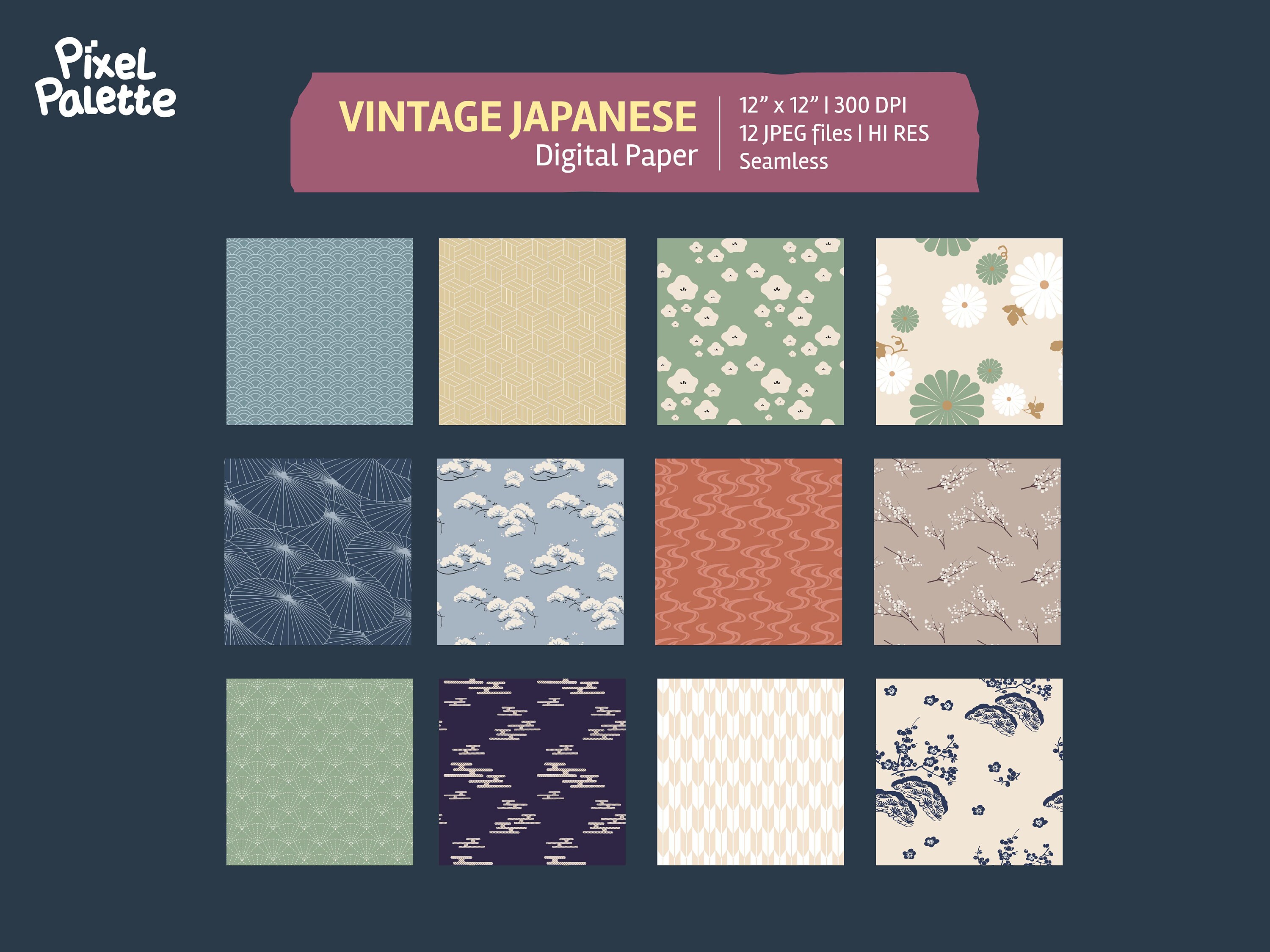 Vintage Japanese Digital Paper Set, Seamless Textures, Patterns ...