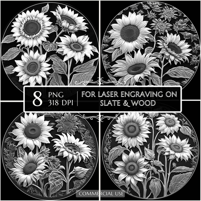 Sunflower 3D Laser Engraving PNG Bundle, Vintage Flowers for Slate ...